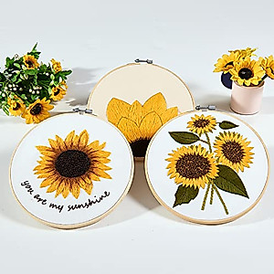 Armindou 3 Sets Embroidery Starter Kits with Sunflower Pattern for Adults Beginners, Floral Stamped Cross Stitch Kit Hand DIY Needlepoint Kit, 3 Embroidery Hoops, 3 Embroidery Fabric, Needles, Threads
