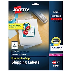 Avery Printable Shipping Labels with Sure Feed, 3" x 3.75", White, 150 Blank Mailing Labels (6874)
