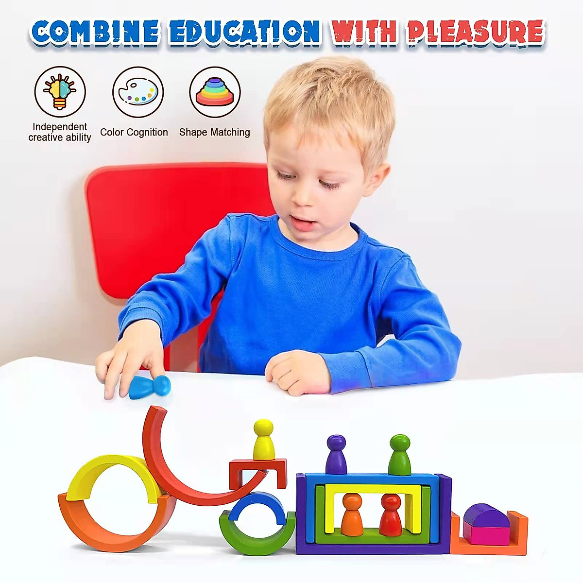 BOZE SUPOD Wooden Toys, Montessori Toys for Kids 3 4 5 6+Years Old Boys Girls Rainbow Stacking Blocks Set Preschool Activites Educational Toy Gifts for Toddler-19PCS