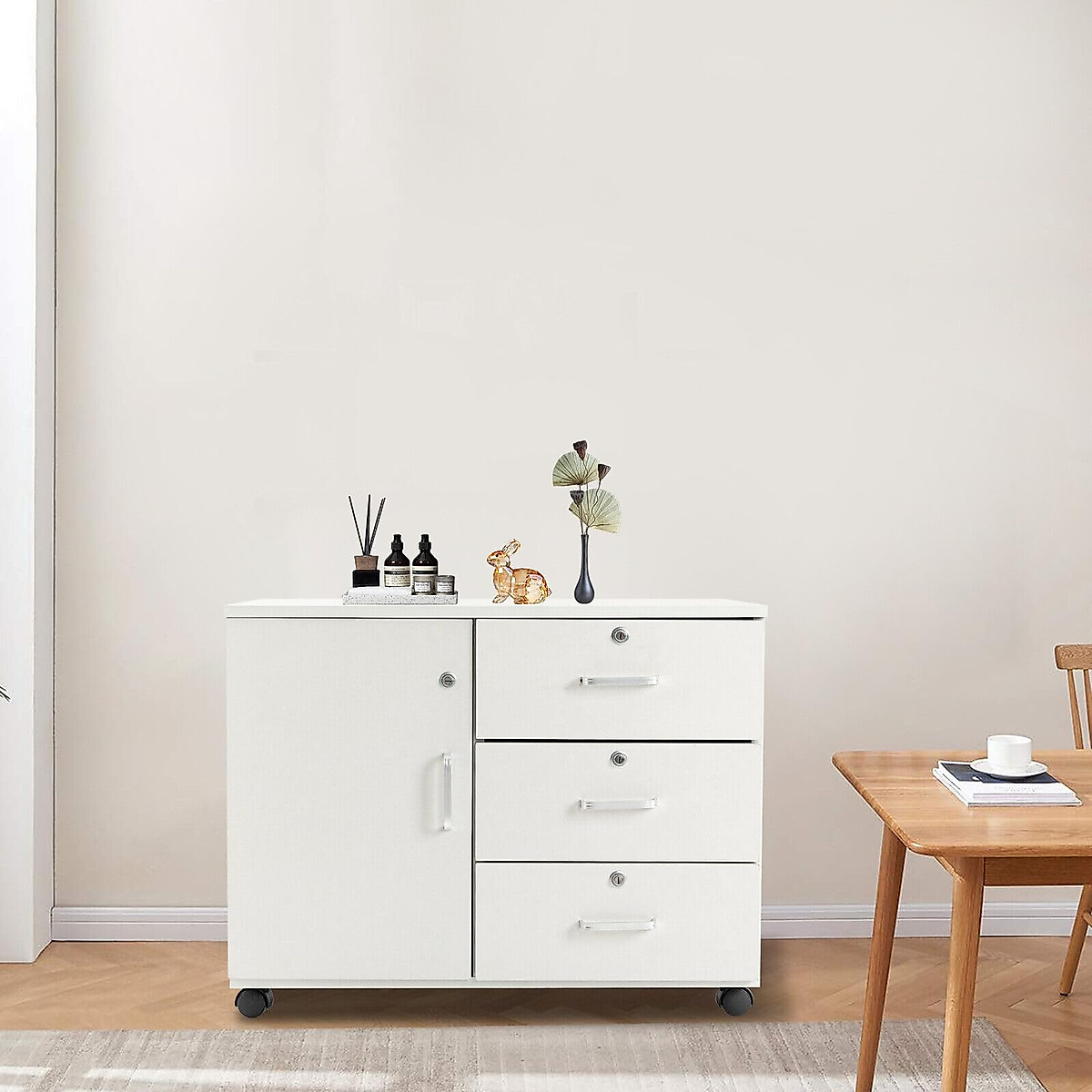 NATICRISI Mobile File Cabinet,3-Drawer Wood File Cabinet,Mobile Lateral Filing Cabinet,Printer Stand with Open Storage Shelves for Home Office,Warm White