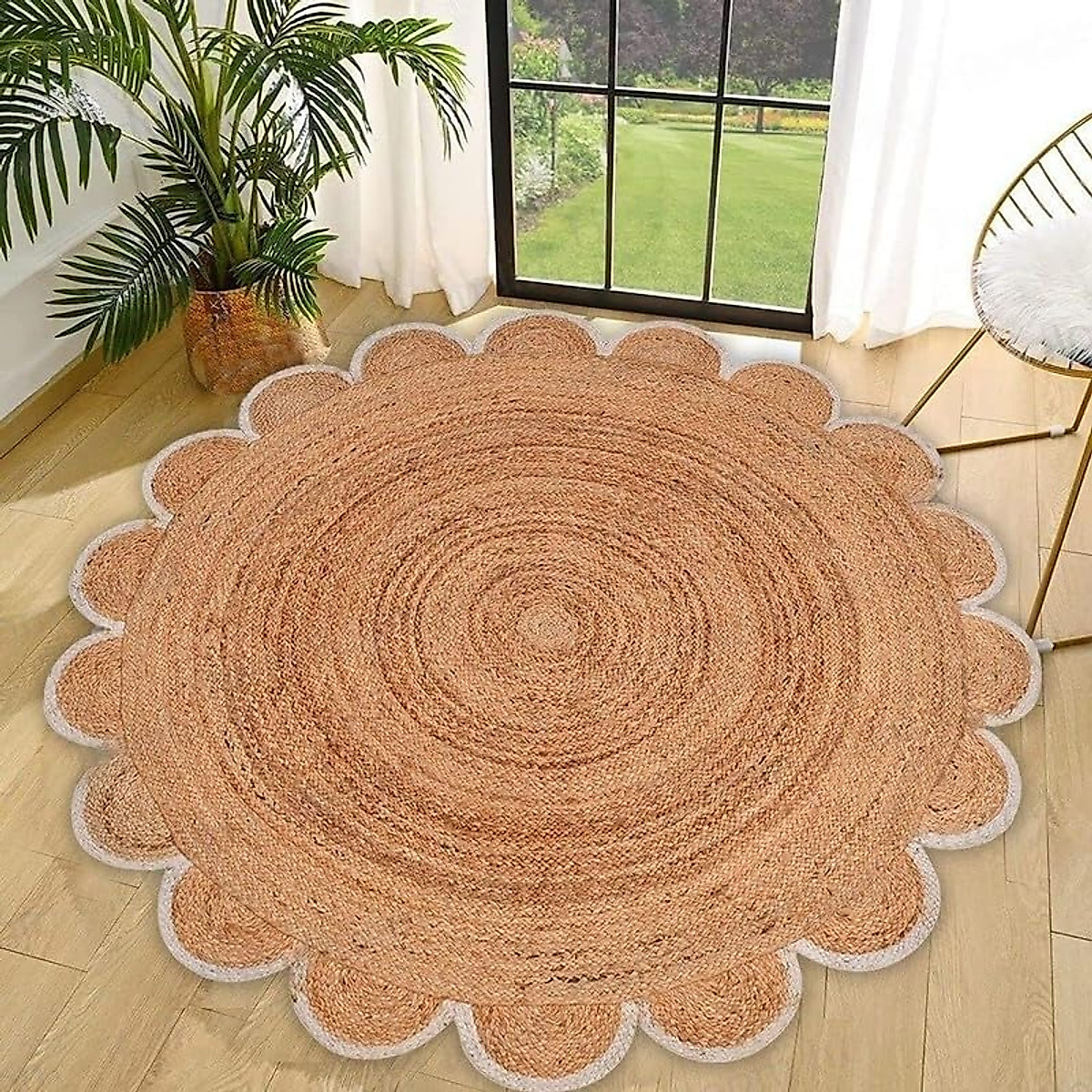 Laxmi Exports 4x4, 5x5, 6x6,feet Natural Jute Scallop Round Rug, Floor Scalloped Edge Rug Braided Boho Eco Large Circular Handmade Area Rugs (WHT_3x3)