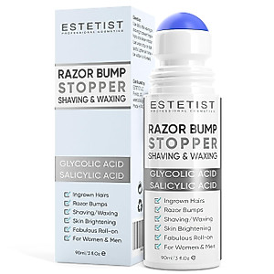 Razor Bump Stopper Solution for Ingrown Hair Skin Care Treatment for Face, Neck, Bikini Area, Legs and Underarm Area After Shave Serum Roll-On for Men and Women With Salicylic Acid, Glycolic Acid