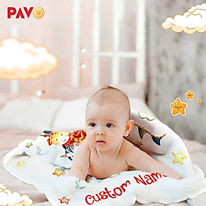 Pavo Personalized Safari Baby Blanket - Jungle Animals Baby Blanket - Customized Animals On Air Balloon - includes Bib & Onesie Option - Personalized Baby Gifts for Christmas, Thanksgiving, Shower