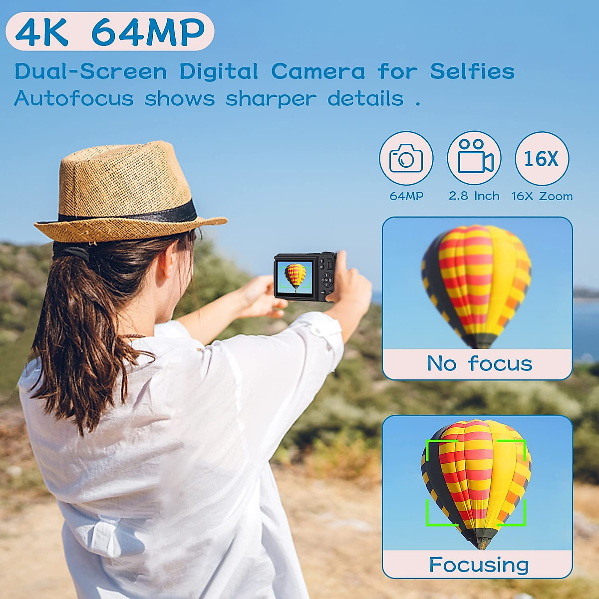 Digital Camera with WiFi 4K 64MP Vlogging Camera for Photography with Dual Screens Point and Shoot Camera with 32GB SD Card, 16X Zoom Compact Camera for Beginners-Tie2