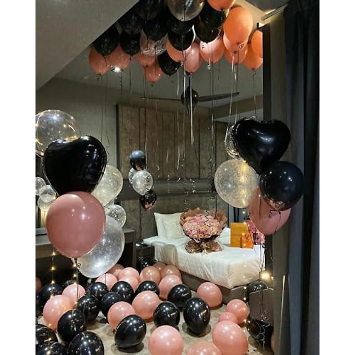 Dusty Pink and Black Balloon Arch Kit, 112 PCS Pink Rose Gold and Black Balloons Garland with Rrose Gold Confetti Metallic Rose Gold Balloons, Retro Pink Balloons for Bachelorette Princess Party Deco