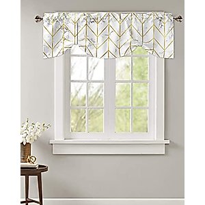 Tie Up Curtain Valance for Kitchen,White Marble Gold Stripes Geometric Window Valances Adjustable Tie-up Shade Valance,Abstract Herringbone Chevron Zigzag Rod Pocket Short Curtains Bathroom 42x18in