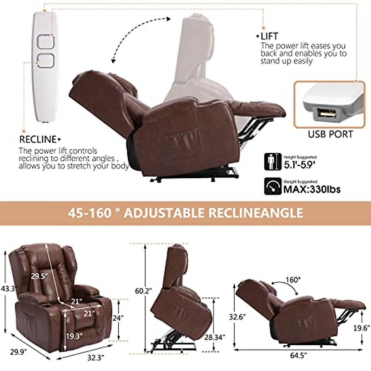 IPKIG Power Lift Chairs Recliners for Elderly with Massage and Heated, Faux Leather Power Recliner Chair with USB Ports/2 Remote Control/4 Side Pocket for Living Room, Bedroom (Brown)