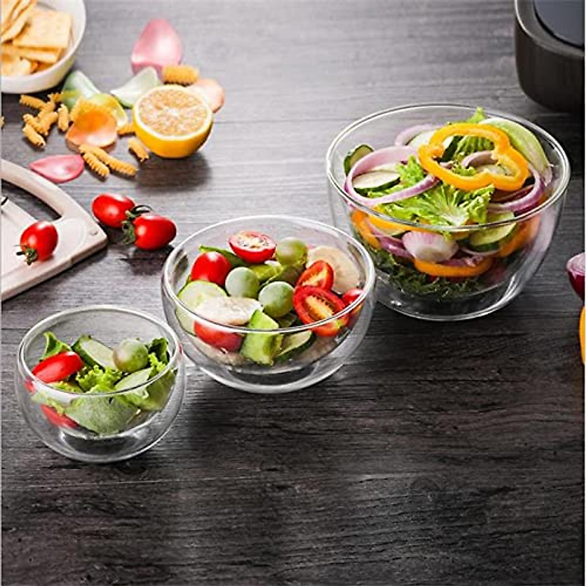GracesDawn high temperature resistant double layer glass bowl borosilicate heat-resistant glass tableware transparent fruit salad bowl (800ml（27OZ）)