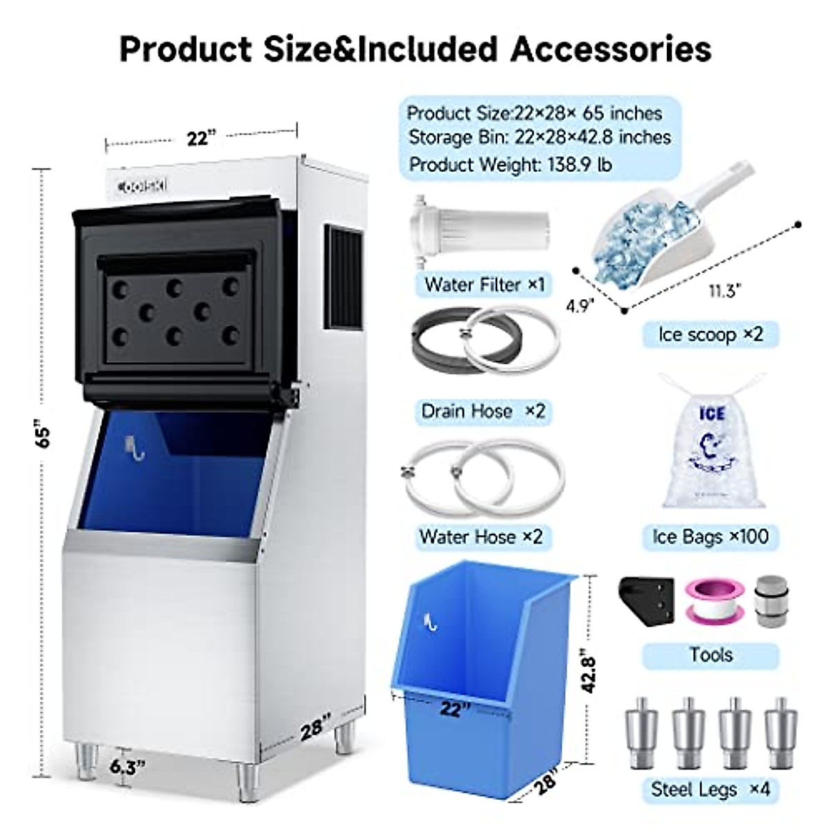 Coolski Commercial Ice Maker Machine 350LB/24H, 22'' Air Cooled Ice Machine Commercial Clear Cube/Efficient Cooling/Durable Construction, Ideal for Restaurants/Bars/Hotels, ETL Approved