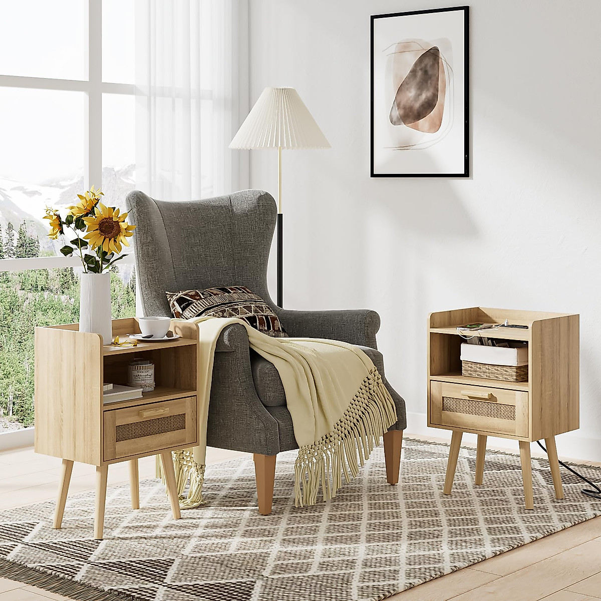 Masupu Nightstand Set of 2, Rattan Nightstand not Charged and Rattan Edge Bedside Table Bundled Products