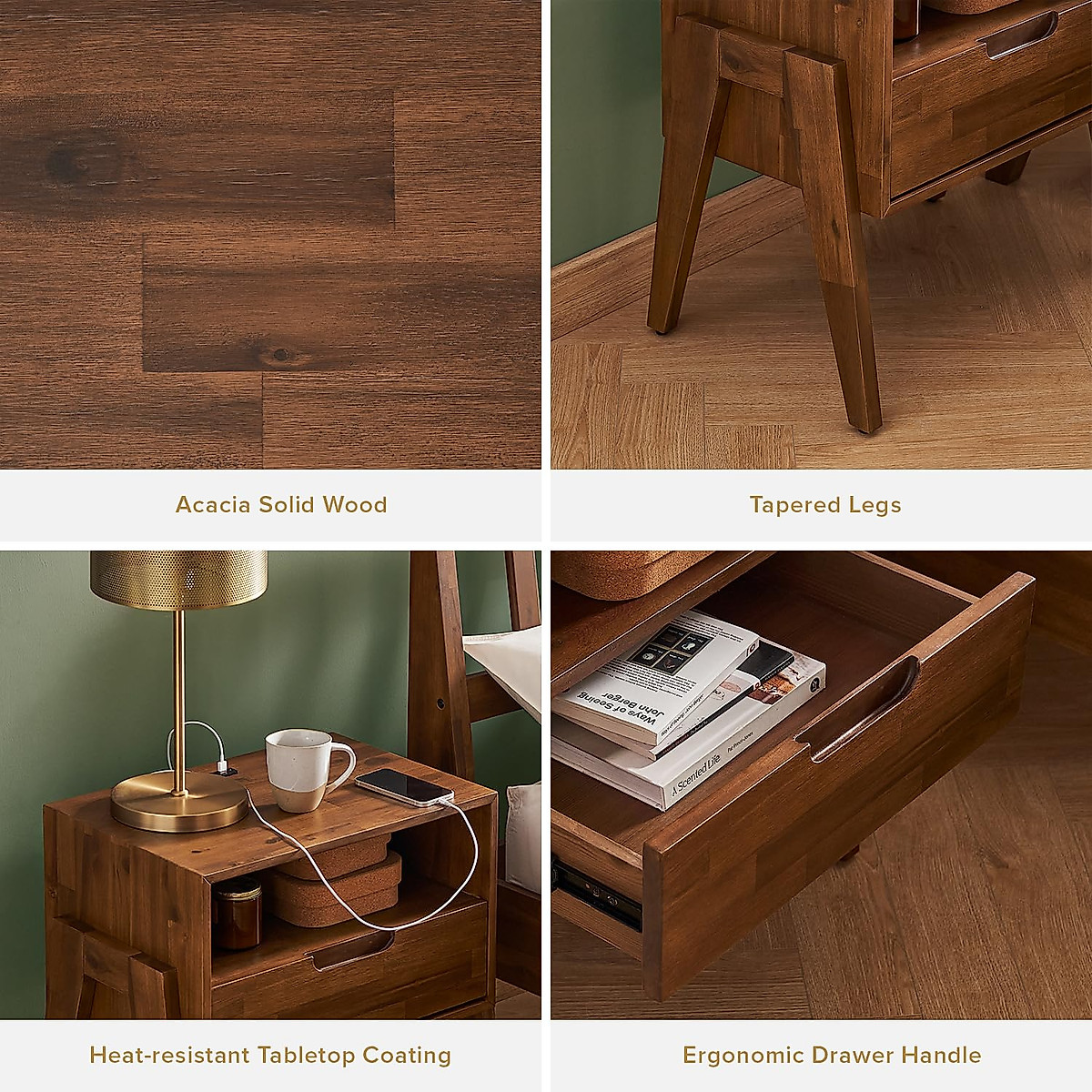 mopio Ted Solid Wood Night Stand with Charging Station, Mid Century Modern Nightstand, Small Side Table, Bedside Table with Drawer, End Table with Storage, with USB C & USB A Ports (Set of 2)