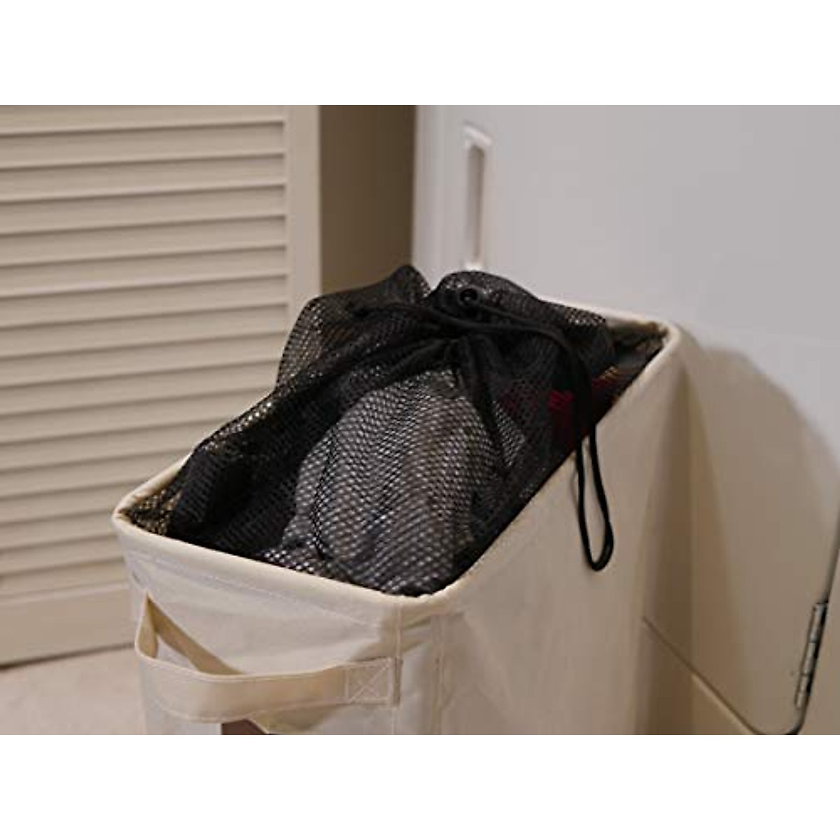 Topline Collapsible Laundry Hamper with Lockable Wheels, Slim Rolling Clothing Basket with Mesh Drawstring Closure - Beige