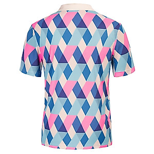 Mens Dri-Fit Polo Shirts Short Sleeve Check Plaid Color Block Golf Top Colorful Performance Athletic Polo T-Shirt Pink+Blue Grid M
