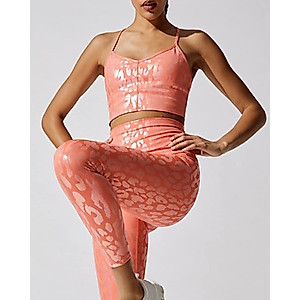 Women 2 Piece Leopard Racerback Sport Bra and Leggings Yoga Suit Crop Gym Top and Pants Workout Outfit(OR-M)