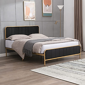 Mjkone California King Size Metal Platform Bed Frame with Dutch Velvet Headboard, Clearance Bed Frame Upholstered Headboard, Metal Strip Support, No Box Spring Needed, Black