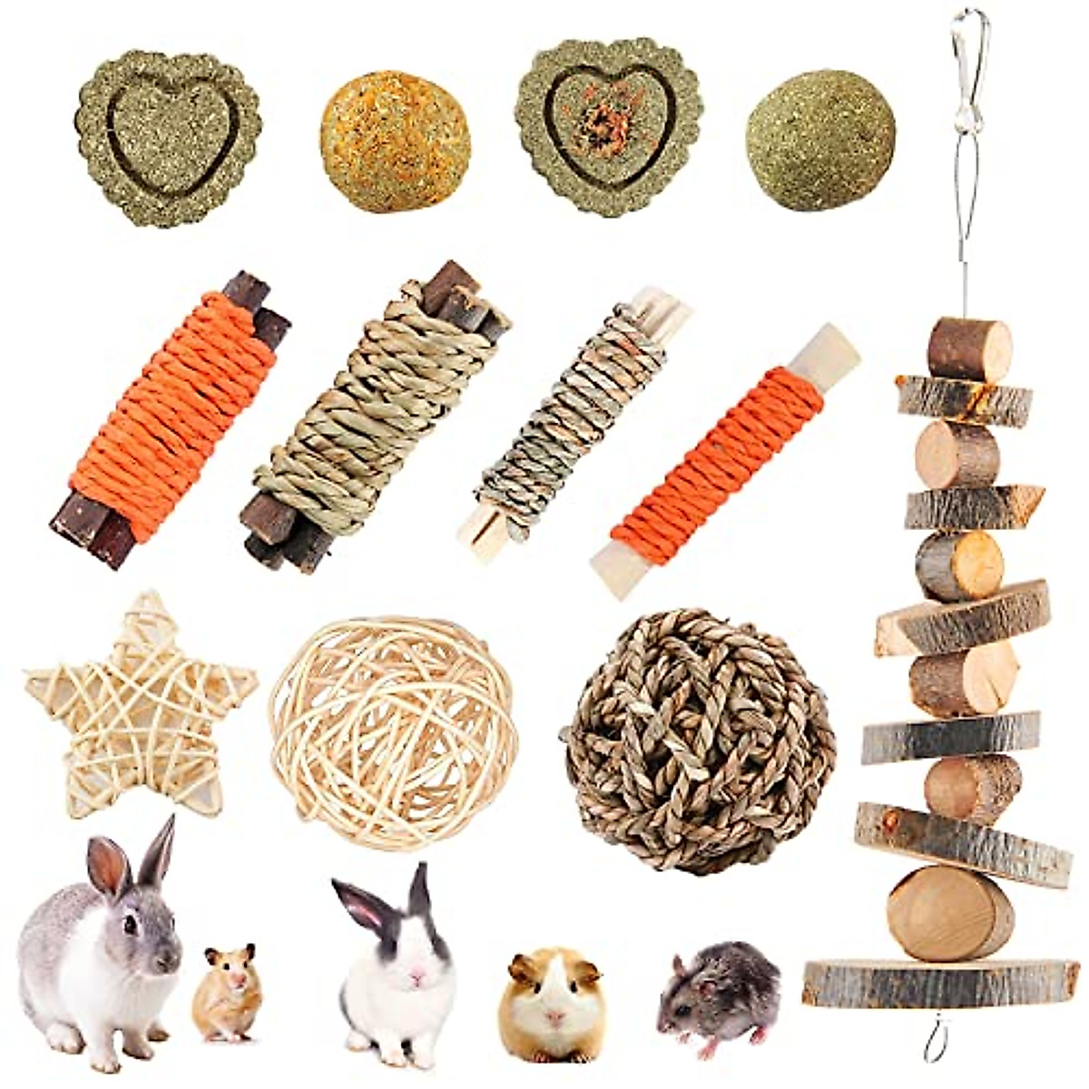 VCZONE Rabbit Chew Toys, Pet Bunny Tooth Chew Toys Organic Natural Apple Wood Grass Cake Ideal for Bunny, Chinchilla, Guinea Pigs, Hamsters Teeth Grinding (12 Pack)