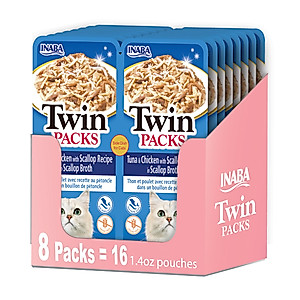 Inaba Twin Packs for Cats, Shredded Chicken & Broth Gelée Side Dish/Topper Pouch, 1.4 Ounces per Serving, 16 Servings, Tuna & Chicken with Scallop Recipe in Scallop Broth