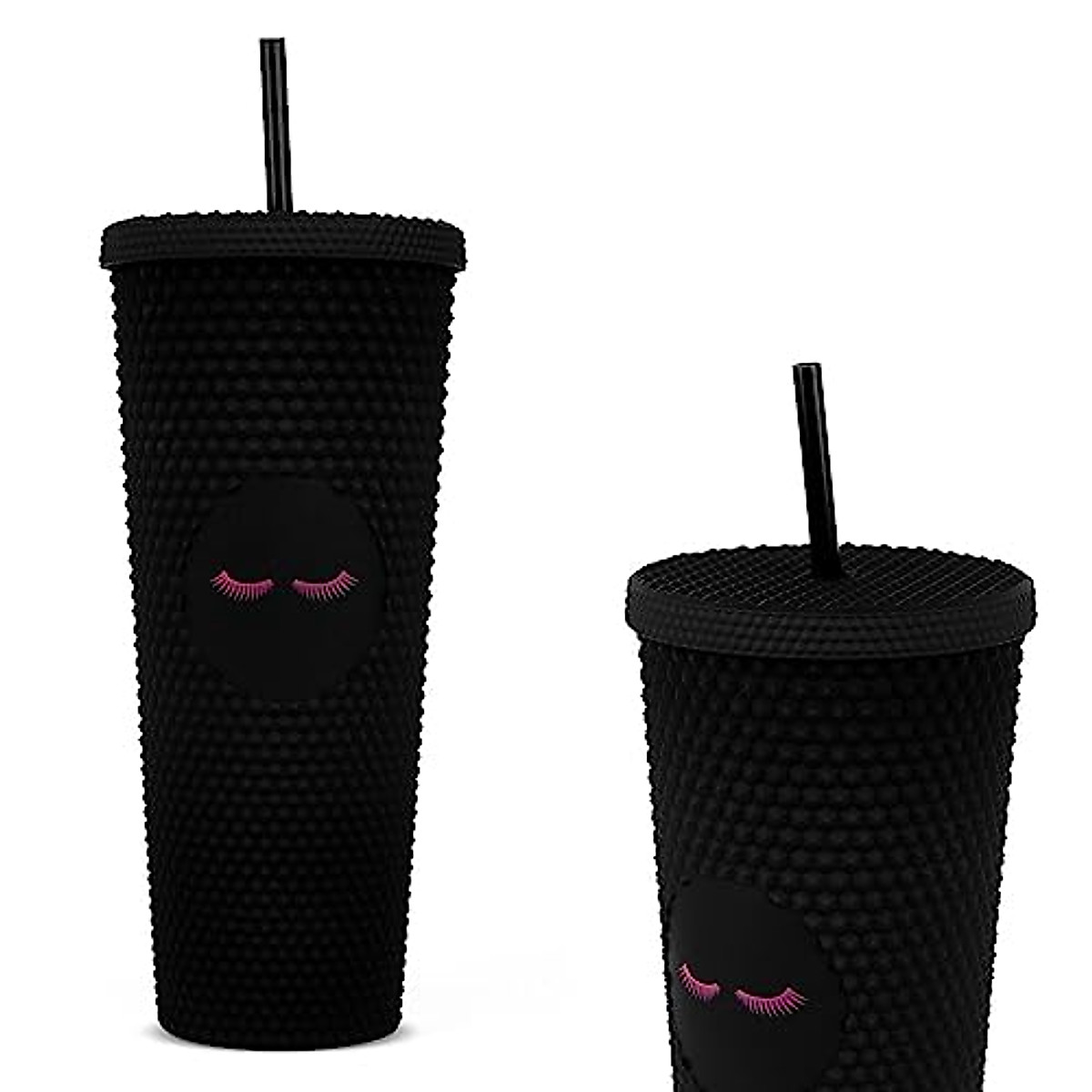 PLA Beauty Studded Tumblers | Insulated Double Wall | With Screw on Lid and Straw | Cold Beverage | Hand Wash | 24 oz (Black Lash)