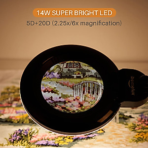 Bemelux Bifocals Magnifying Desk Lamp with Clamp, 5 Diopter with 20 Diopter, 6 Inch Detachable Lens and 120PCS LEDs, 3 Color Modes 1200 Lumens Swivel Arm Magnifying Lamp with Light for Crafts