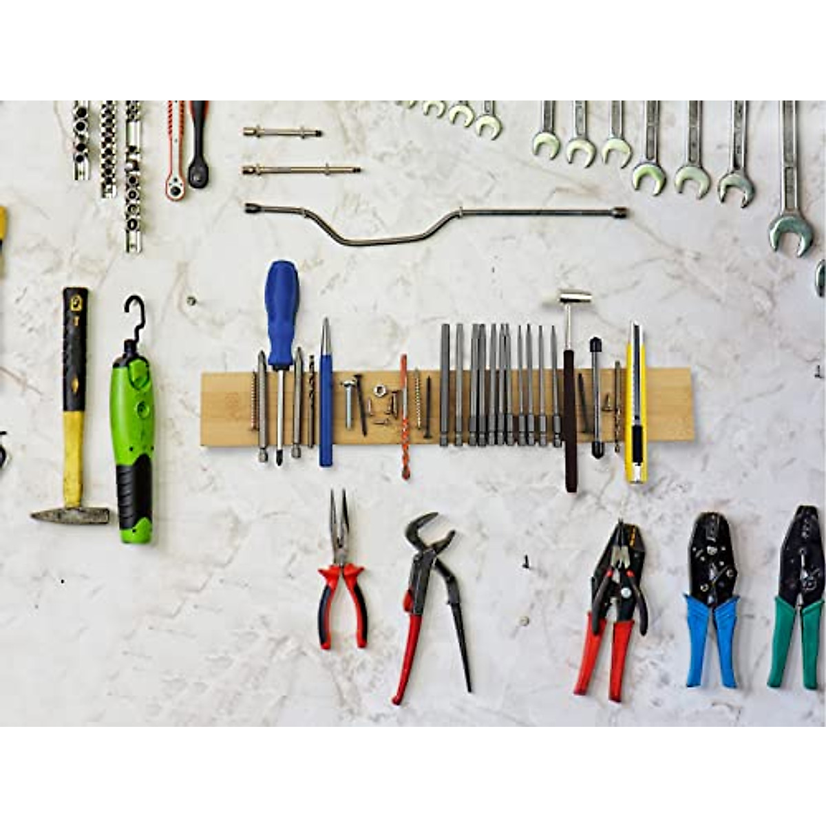 15.7 Inch Bamboo Magnetic Bits Holder Bar, Powerful Magnetic Garage Wall Pegboard Anti-Lost Workshop Small Metal Tools Storage Flat Magnet Strip,Easy Access Tools Organizer, Keep your Tools in Neat