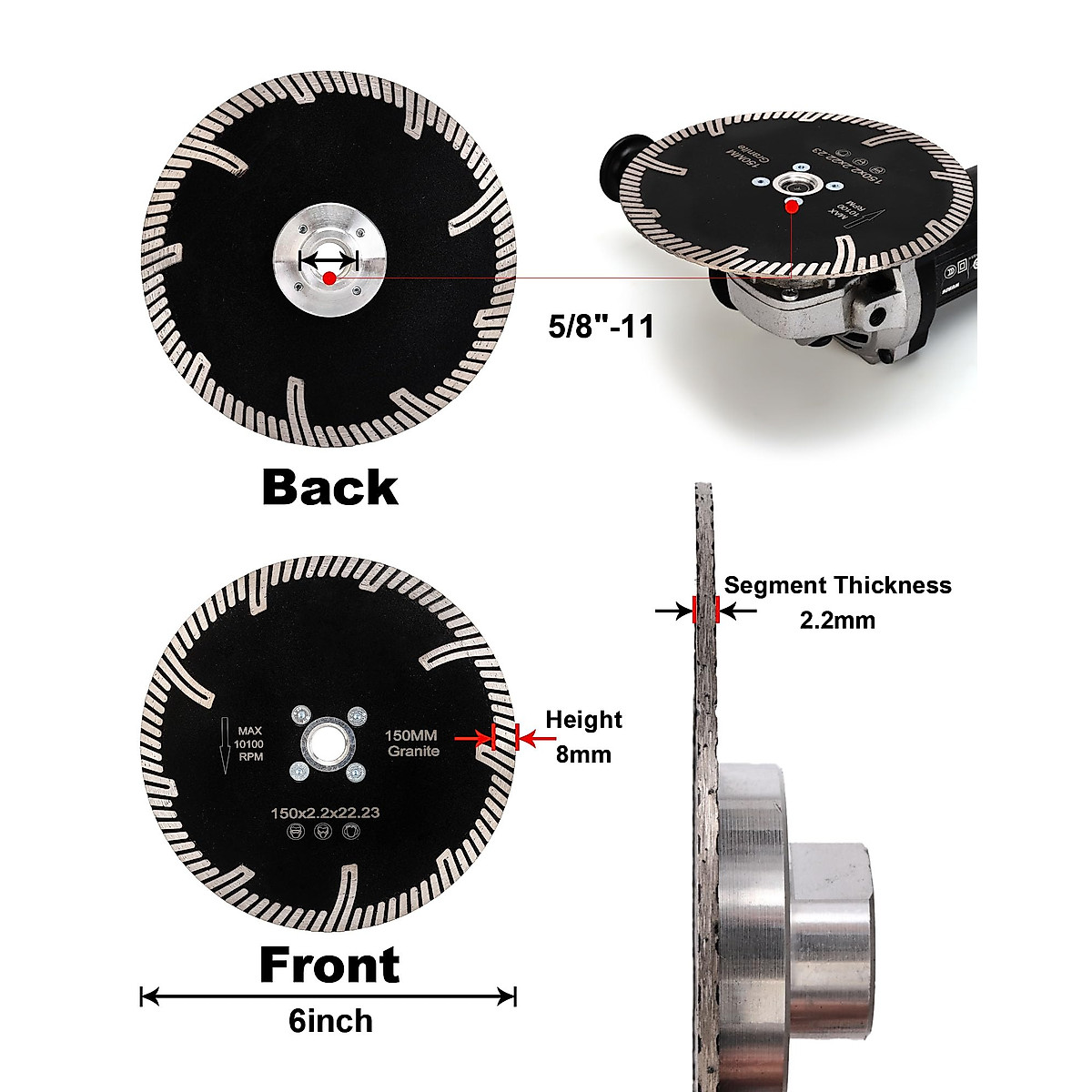 Casaverde 6" Granite Blade，Turbo Diamond Blade with Removable 5/8-11 Thread Cuts for Granite,Marble,Engineered Stone and Ceramic Tiles