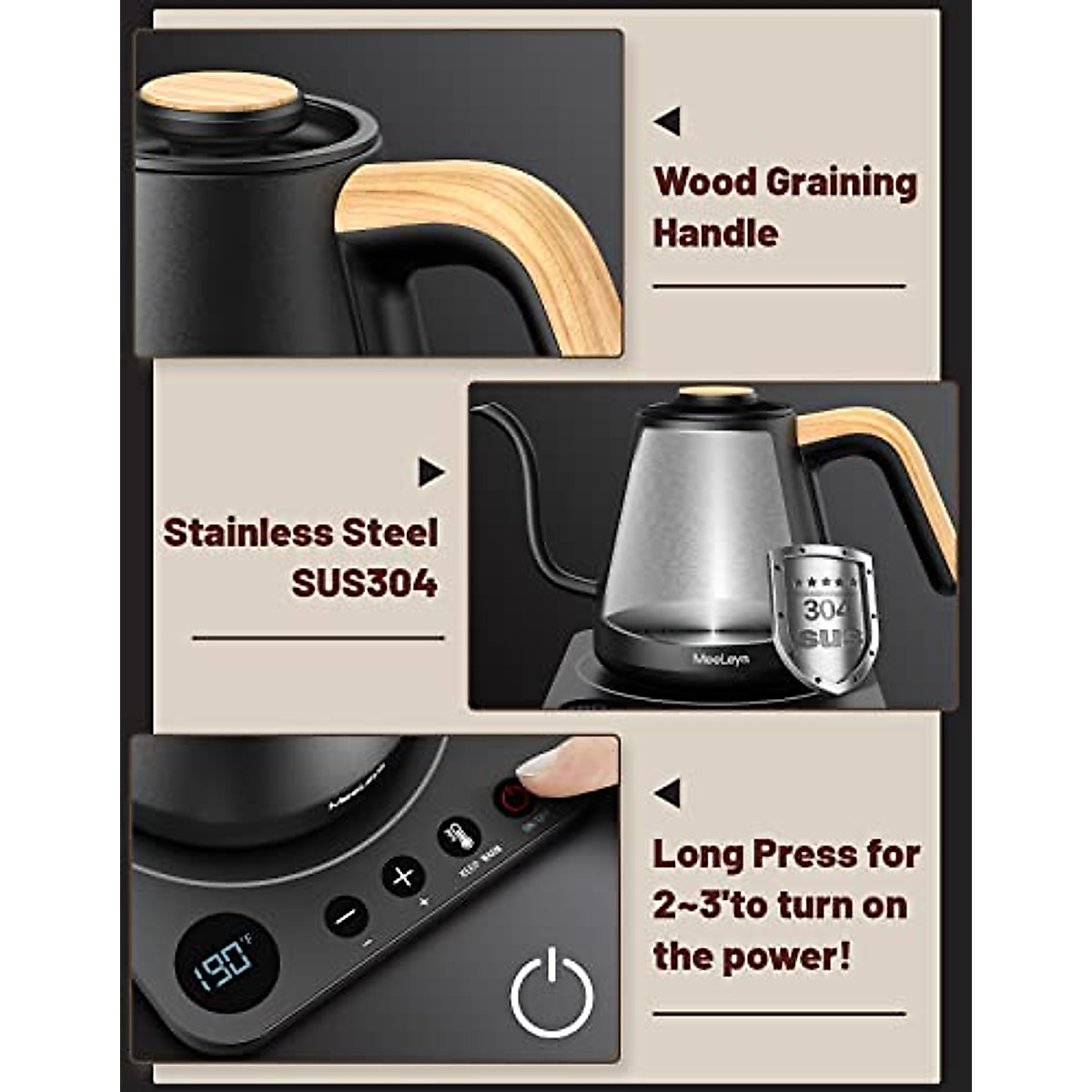 MeeLeya Electric Gooseneck Kettle with Variable Temperature Control, Pour Over Kettle for Coffee and Tea, Electric Kettle 1200 Watt, 0.8L (Black)