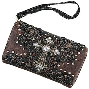 Justin West Bling Gleam Rhinestone Cross Floral Messenger Bag Purse with Long Cross Body Strap (Brown Wallet Only)
