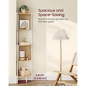 VASAGLE 5-Tier Corner Shelf Stand, Boho Corner Bookshelf with Polyrattan Sides, Plant Stand for Living Room Bedroom Study Kitchen, Oak Beige ULLS588Y57
