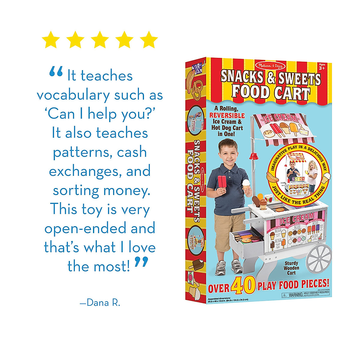 Melissa & Doug Wooden Snacks and Sweets Food Cart - 40+ Play Food pcs, Reversible Awning , Multi Colored