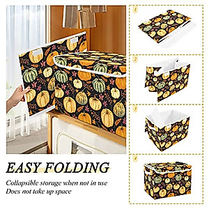 CaTaKu Pumpkins Fall Leaves Storage Bins with Lids and Handles, Fabric Large Storage Container Cube Basket with Lid Decorative Storage Boxes for Organizing Clothes
