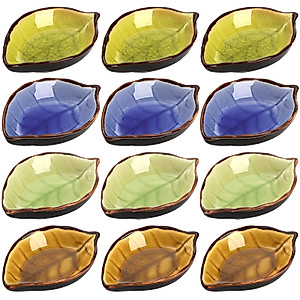 Jucoan 12 Pack Ceramic Soy Sauce Dish, Vintage Leaf Shape Dipping Sauce Dishes, Mini Side Seasoning Dish for Sushi Appetizer Japanese Style, 4 Assorted Colors