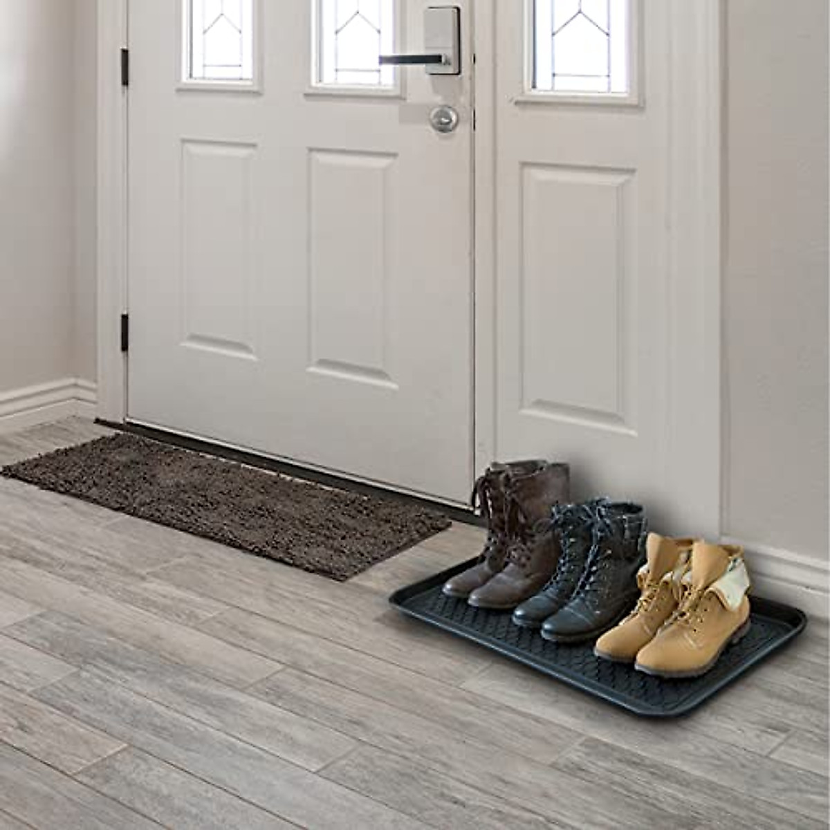 Stalwart All Weather Boot Tray - Large Water Resistant Plastic Utility Shoe Mat for Indoor and Outdoor Use in All Seasons (Set of Two, Black)