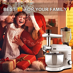 Nurxiovo Kitchen Stand Mixer, Multifunctional 3 in 1 Food Mixer Tilt-Head 850W Dough Machine with 6-1/2 Qt Stainless Steel Bowl, Hook, Whisk, Beater, Meat Blender and Juicer, White