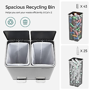 SONGMICS Trash Can, 2 x 8-Gallon Garbage Can for Kitchen, with 15 Trash Bags, 2 Compartments, Plastic Inner Buckets and Hinged Lids, Airtight, Silver and Black ULTB60NL