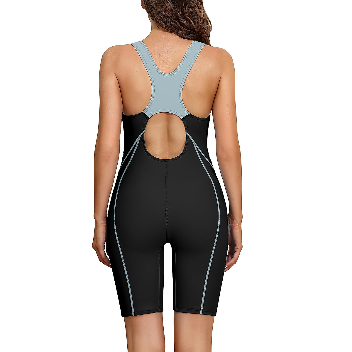 ATTRACO Athletic One Piece Bathing Suits Knee Length Swimsuits Women Racerback Swimwear L