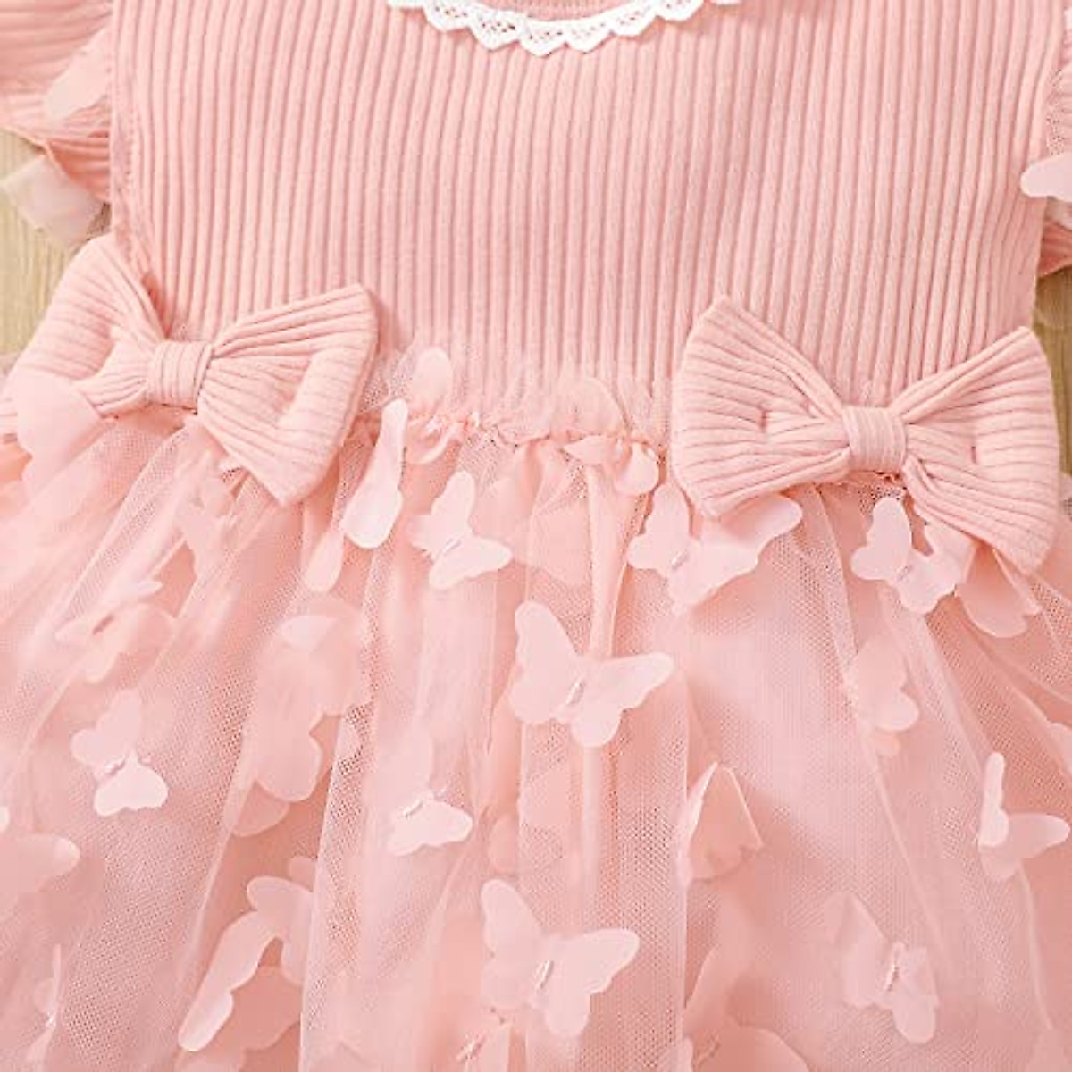 PATPAT 2pcs Baby Girl Ribbed Knit Flutter-Sleeve Splicing 3D Butterfly Applique Tulle Dress with Headband Set Pink 6-9 Months