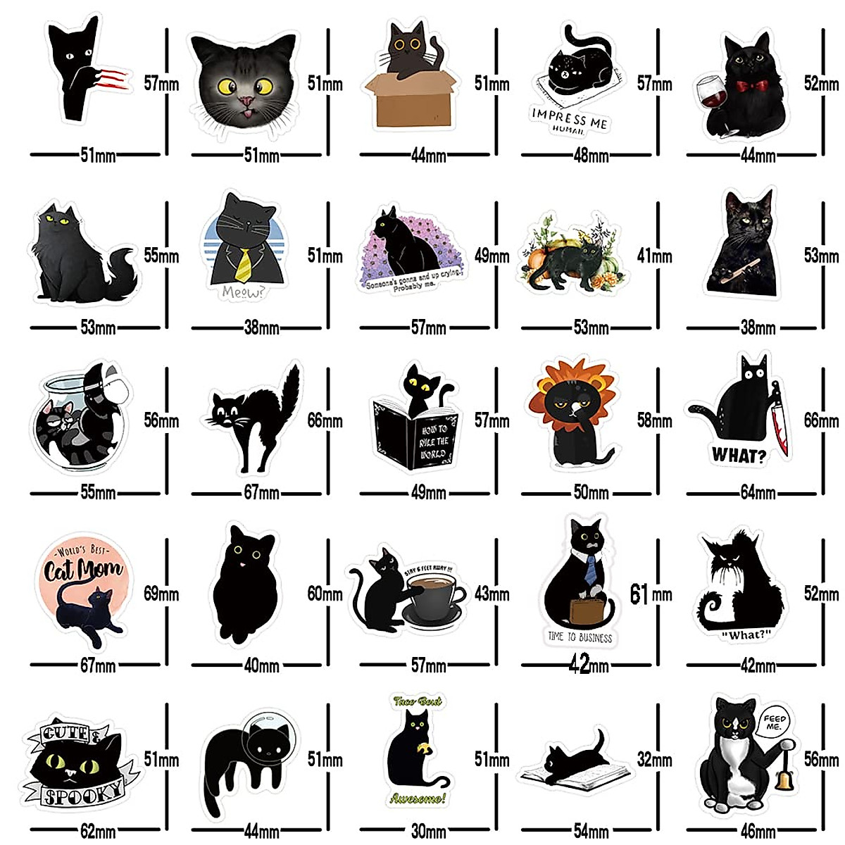 63Pcs Black Cat Stickers Pack，Cute Cool Vinyl Waterproof Stickers for Water Bottle,Skateboard,Laptop,Phone,Scrapbooking,Car Decals Gifts for Kids Teens Adults for Party Supplies Decor…