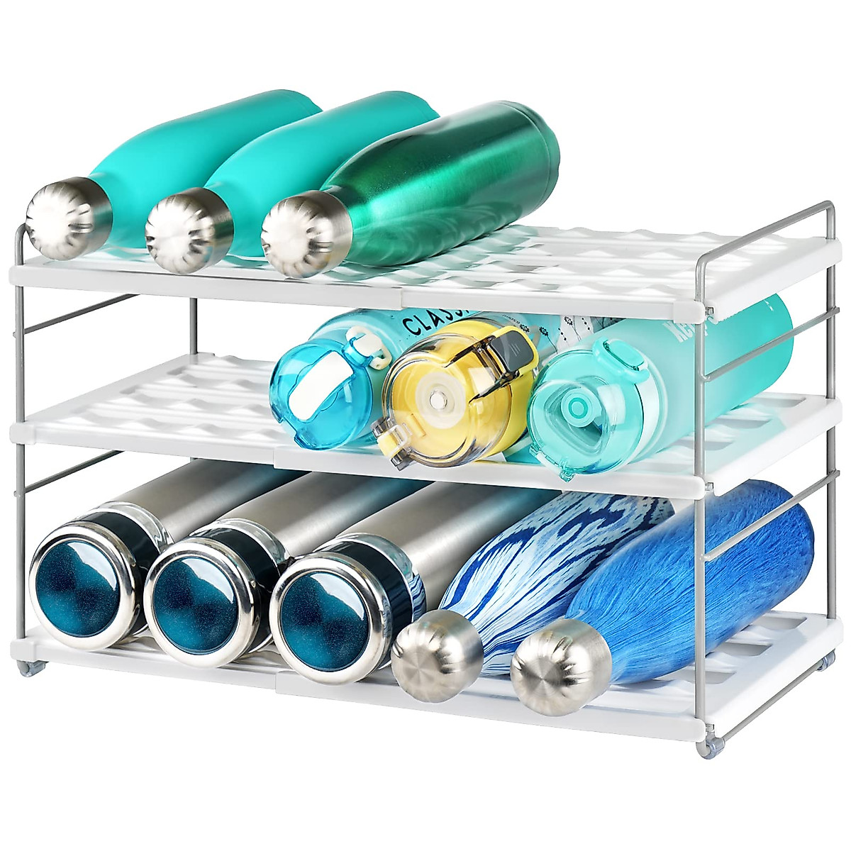 Water Bottle Organizer for Cabinet, 3 Tier Expandable Water Bottle Storage Rack, Water Bottle Shelf Storage for Tumbler Sports Flask Travel Mugs, Tumbler Storage for Cabinet Kitchen Countertop Fridge