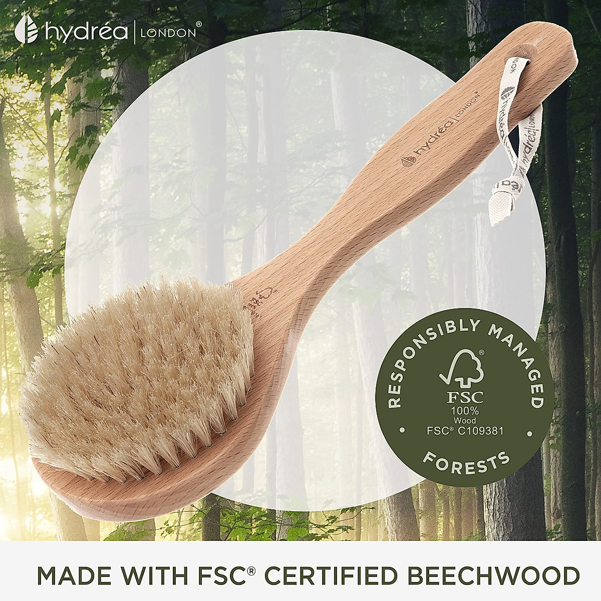 Hydrea London Dry Body Brush –Short Handle Premium Exfoliating Dry Skin Brush with Natural Bristle, FSC® Certified Beechwood.