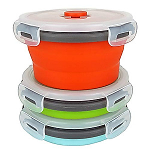 ECOmorning 3Piece Round Collapsible Lunch Container Silicone Food Storage Containers Collapsible Camping Bowl with Airtight Silicone Lids, Microwave, & Freezer Safe, 350ML
