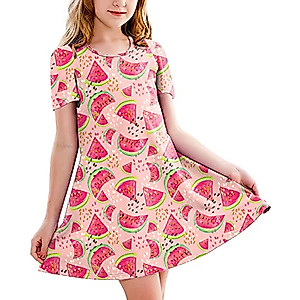 Summer Watermelon Dress Girl Short Sleeve Tshirt Dresses Tropical Pink Midi Flare Dress 11-12 Years