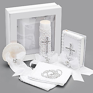 5 Pcs Baptism Candle Set for Boys Girls Included Candle Baptismal Devotional Candle, Baptism Towel, Rosary, Bible, Shell Kit with Pearls Details for Christenings Favor (Cross,Silver)