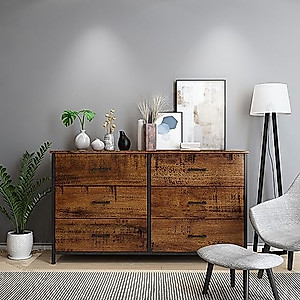 IKENO 6 Drawer Double Dresser, Industrial Wood Storage Dresser Clothes Organizer with Sturdy Steel Frame, Storage Dresser for Bedroom