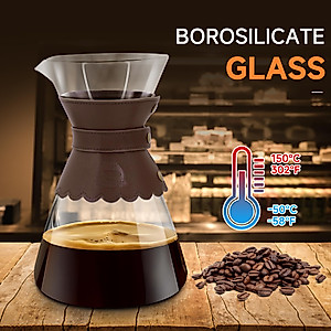 YMMIND 34oz Pour Over Coffee Maker with Double Layer Stainless Steel Filter, Borosilicate Glass Dripper, Detachable Heat-Resistant Leather Pad 7-8 Cups Coffee Maker Carafe（Dark brown）