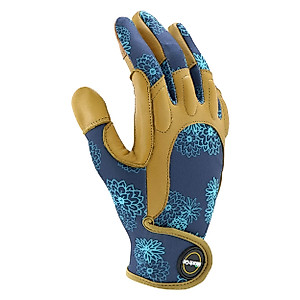 Miracle-Gro MG86213/WSM Premium Goatskin Padded Palm Gloves – Floral, Small-Medium, High Dexterity Spandex Back Gloves for Women Blue