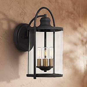 Avani Farmhouse Outdoor Wall Light Fixture Black Brass 17" Cylindrical Clear Glass Shade for Exterior House Porch Patio Outside Deck Garage Yard Front Door Garden Home Entryway - John Timberland