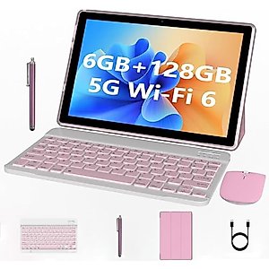 2 in 1 Tablet with Keyboard, 10 inch Android 11 Tablet, 6GB RAM+128GB ROM+1TB Expandable Tablet, 1.8GHz Quad-core Processor, 5G WiFi 6 BT 5.0 Tablets with Mouse| Case| Stylus, 1280*800 IPS Touchscreen