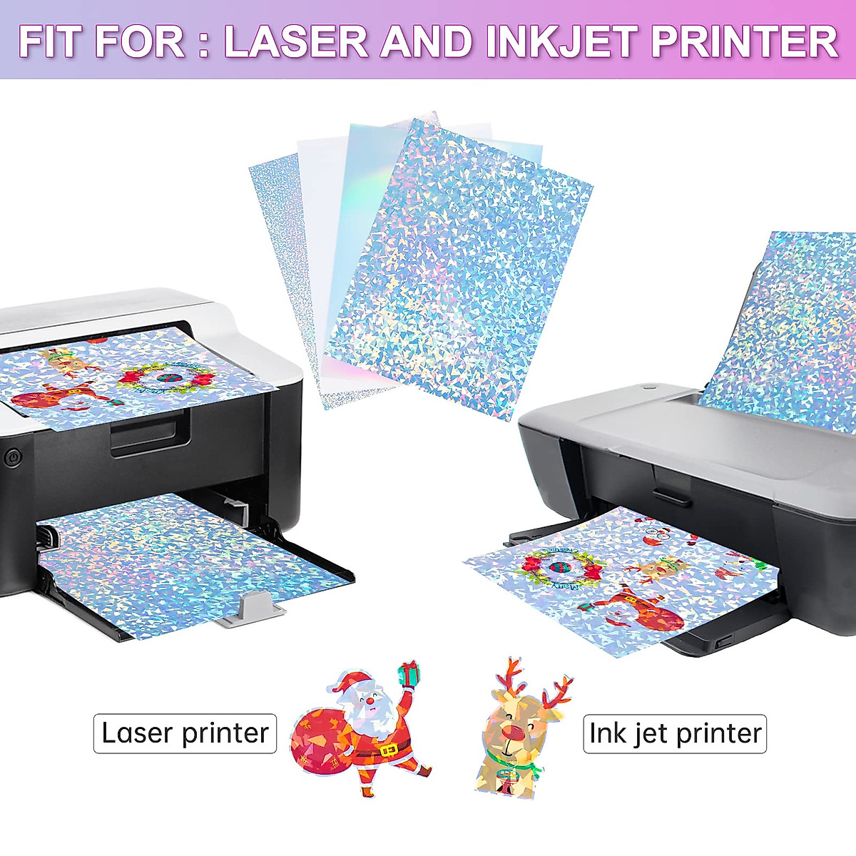 20 Sheets Holographic Sticker Paper for Inkjet & Laser Printer, Printable Vinyl Sticker Paper, Dries Quickly Sticker Paper Waterproof - 8.5x11 inch, Diamond/Rainbow/Dots/Transparent