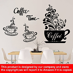 Coffee Cup Wall Decals Vinyl Kitchen Wall Decor Stickers Black Coffee Tea Sign Decor Flower Wall Art Sticker Removable DIY Coffee Saying Decorations for Home Cafe Shop Coffee Station Bar Pub Office
