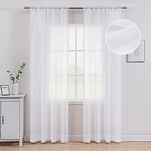 MIULEE Semi White Sheer Curtains Linen Textured Window Treatment Voile Drapes for Living Room Rod Pocket 2 Panels 54 x 72 Inches